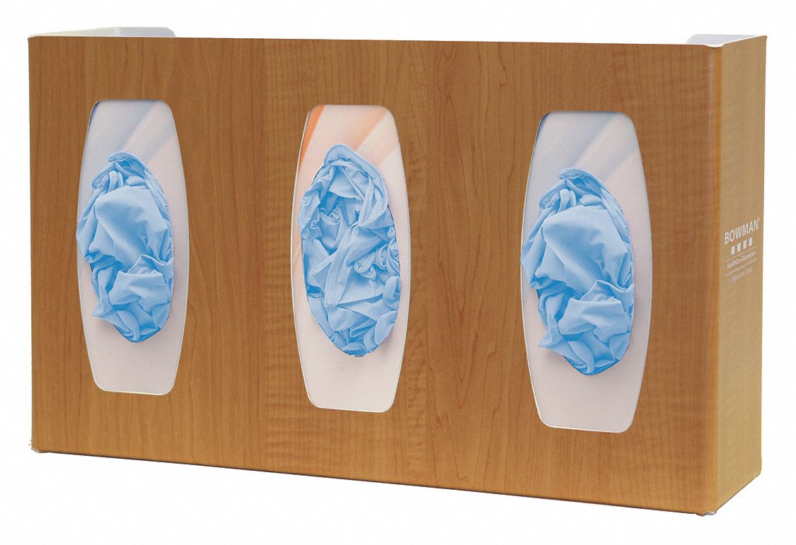 BOWMAN DISPENSERS Glove Box Dispenser: 3 Boxes, ABS Plastic, Maple Wood ...