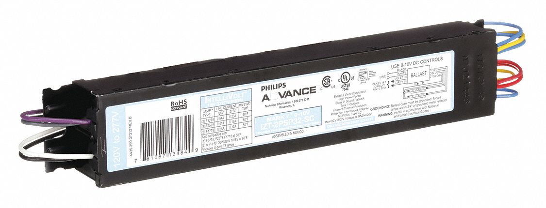 PHILIPS FLUORESCENT BALLAST, 120 TO 277V AC, 2 BULBS, 32 W BULB MAX, T8 ...