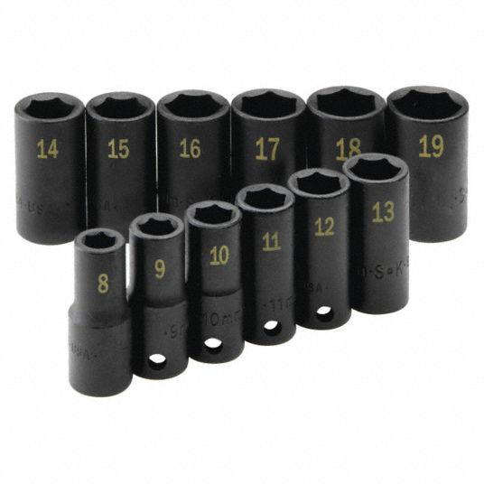 SK PROFESSIONAL TOOLS, 3/8 in Drive Size, 12 Pieces, Impact Socket Set ...