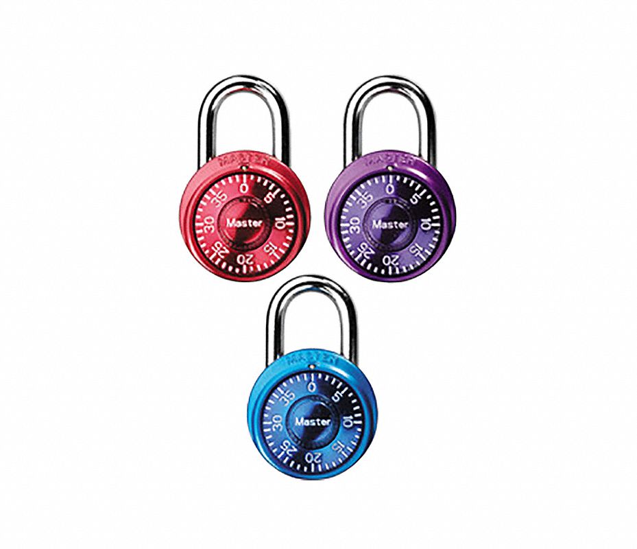 MASTER LOCK Candado de Combinación, Metal, Azul, Morado, Rojo, Cromado, Redondo, 2-19/64", 1-9/ ...