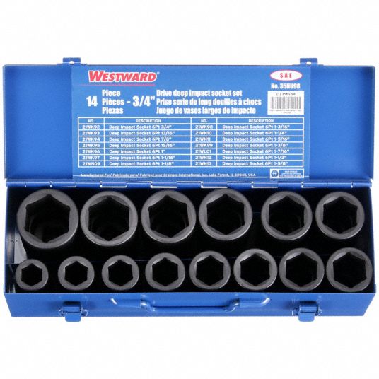 WESTWARD, 3/4 in Drive Size, 14 Pieces, Impact Socket Set - 35HU98 ...