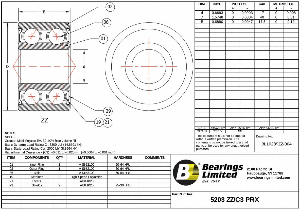 TRITAN Angular Contact Ball Bearing, 2000lb. - 35HY88|5203 ZZ/C3 PRX ...