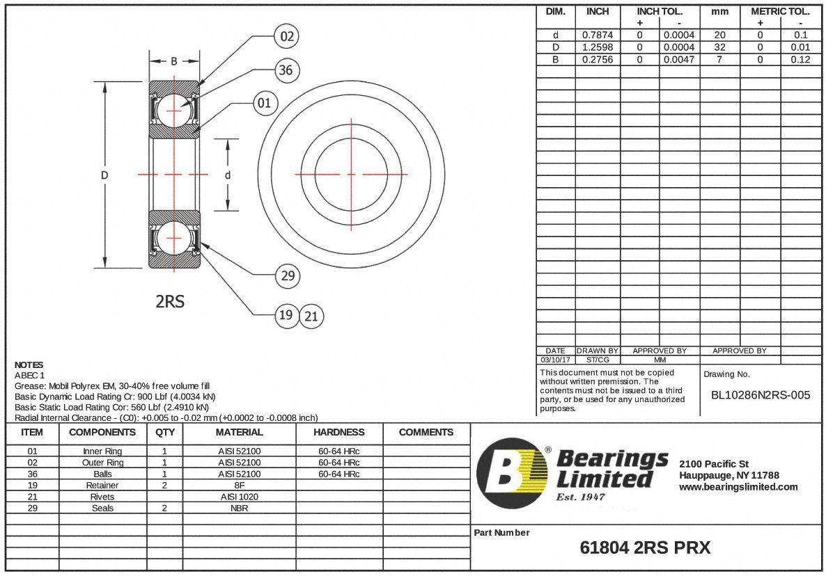 TRITAN Radial Ball Bearing: 61804, Double Sealed, 20 mm Bore Dia, 32 mm ...