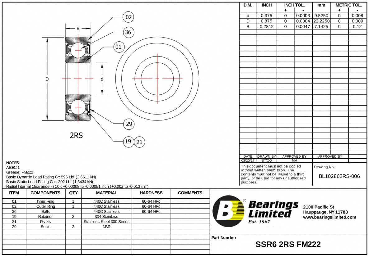 TRITAN Radial Ball Bearing: R6, Dbl Sealed, Contact Seal, 3/8 in Bore ...