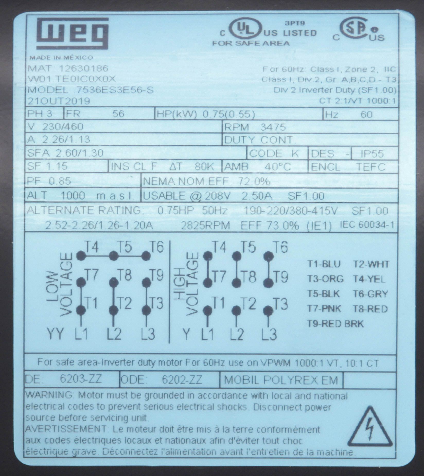 WEG General Purpose Motor, 3/4 HP, 3-Phase, Nameplate RPM 3,475 ...