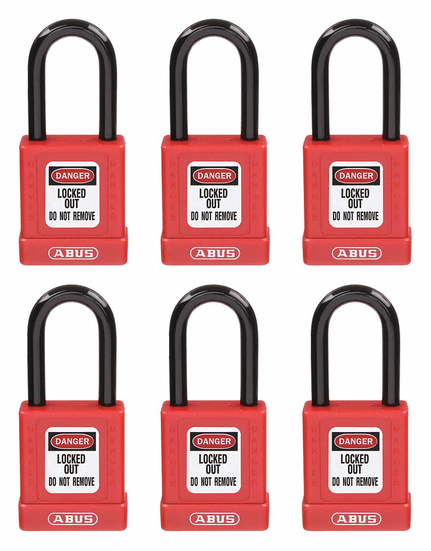 ABUS LOCKOUT PADLOCK, KEYED ALIKE, PLASTIC-COVERED ALUMINUM, STANDARD BODY, STEEL, RED, 6 PK ...