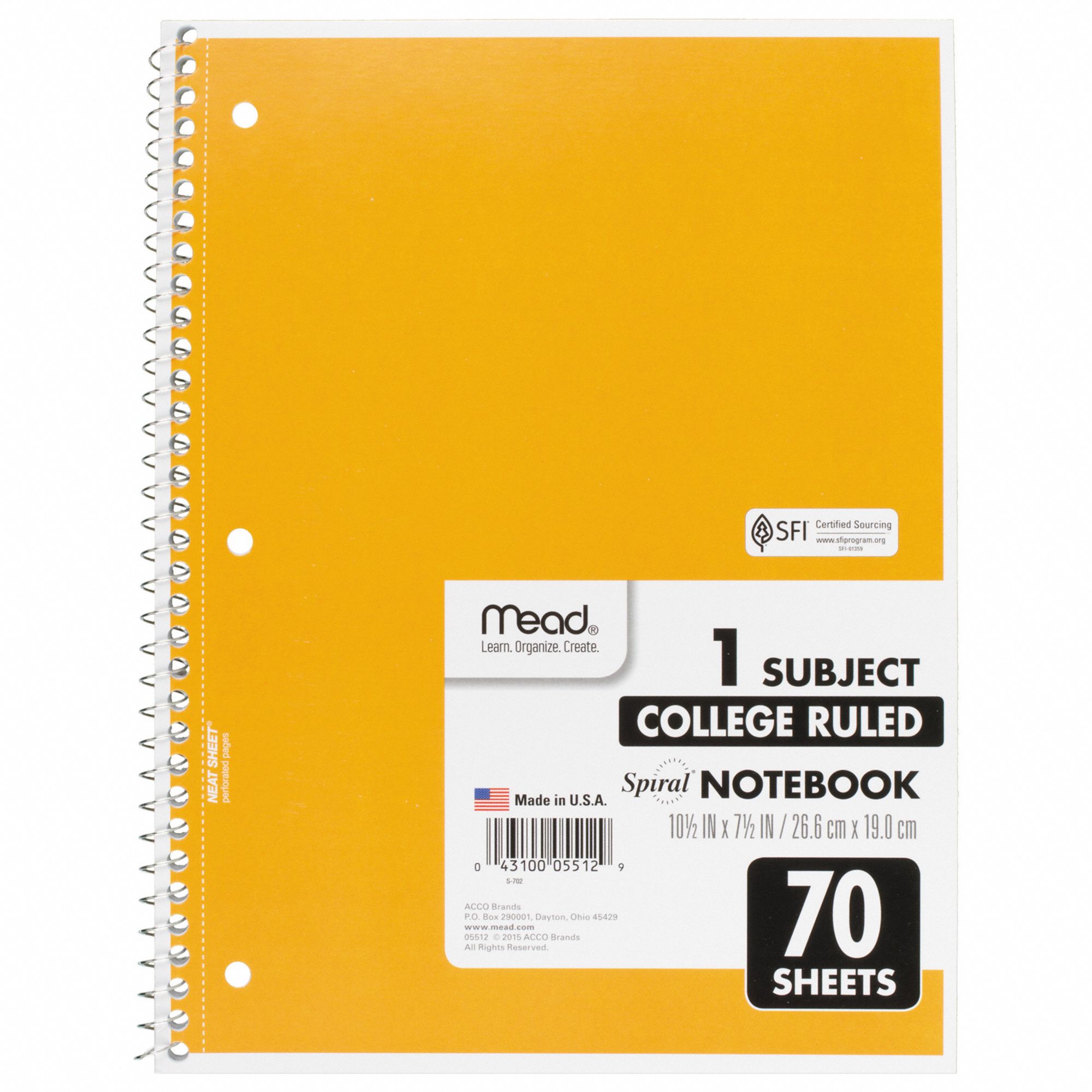 MEAD Notebook: 7-1/2 in x 10-1/2 in Sheet Size, College, White, 70 ...