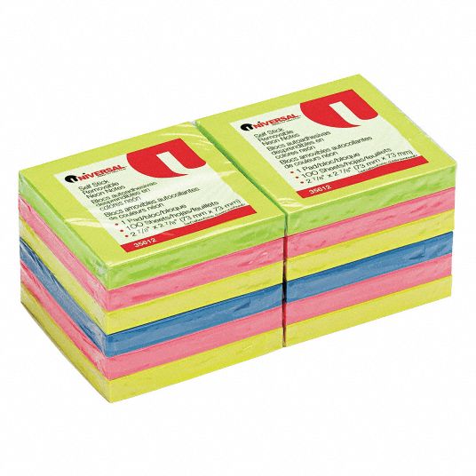 Standard Self-Stick Neon Color Note Pads, 3 in x 3 in, PK 12 - Grainger