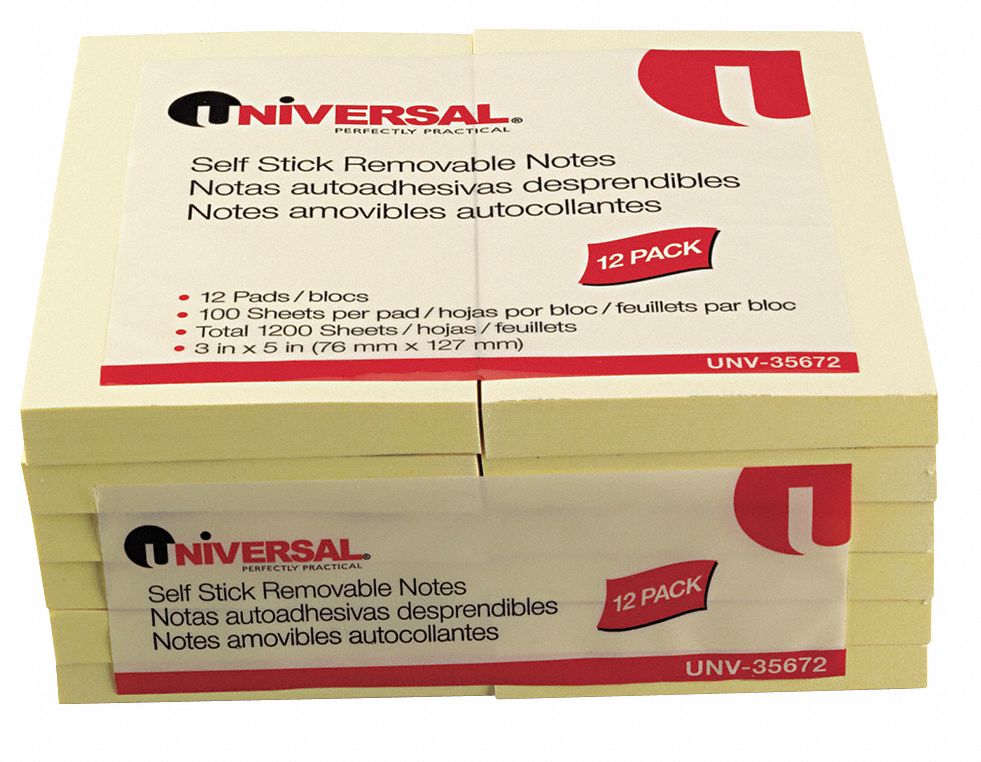 UNIVERSAL, Yellow, Std, Sticky Notes - 35X095|UNV35672 - Grainger