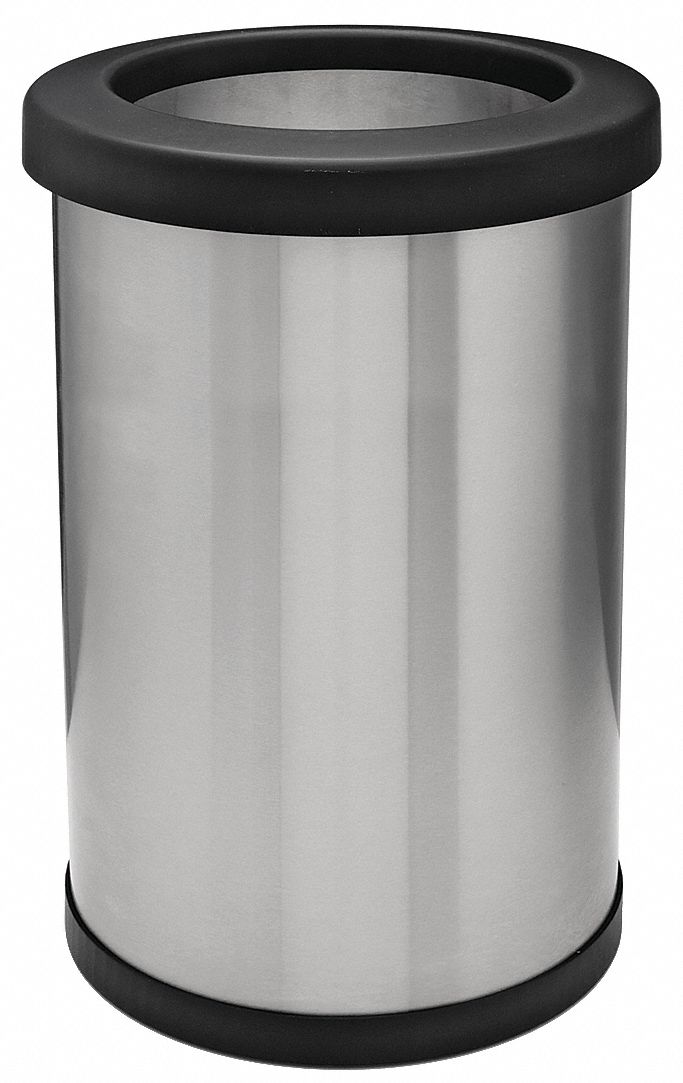 Wastebasket, 8 gal, Stationary, Round, Metal, Silver - Grainger