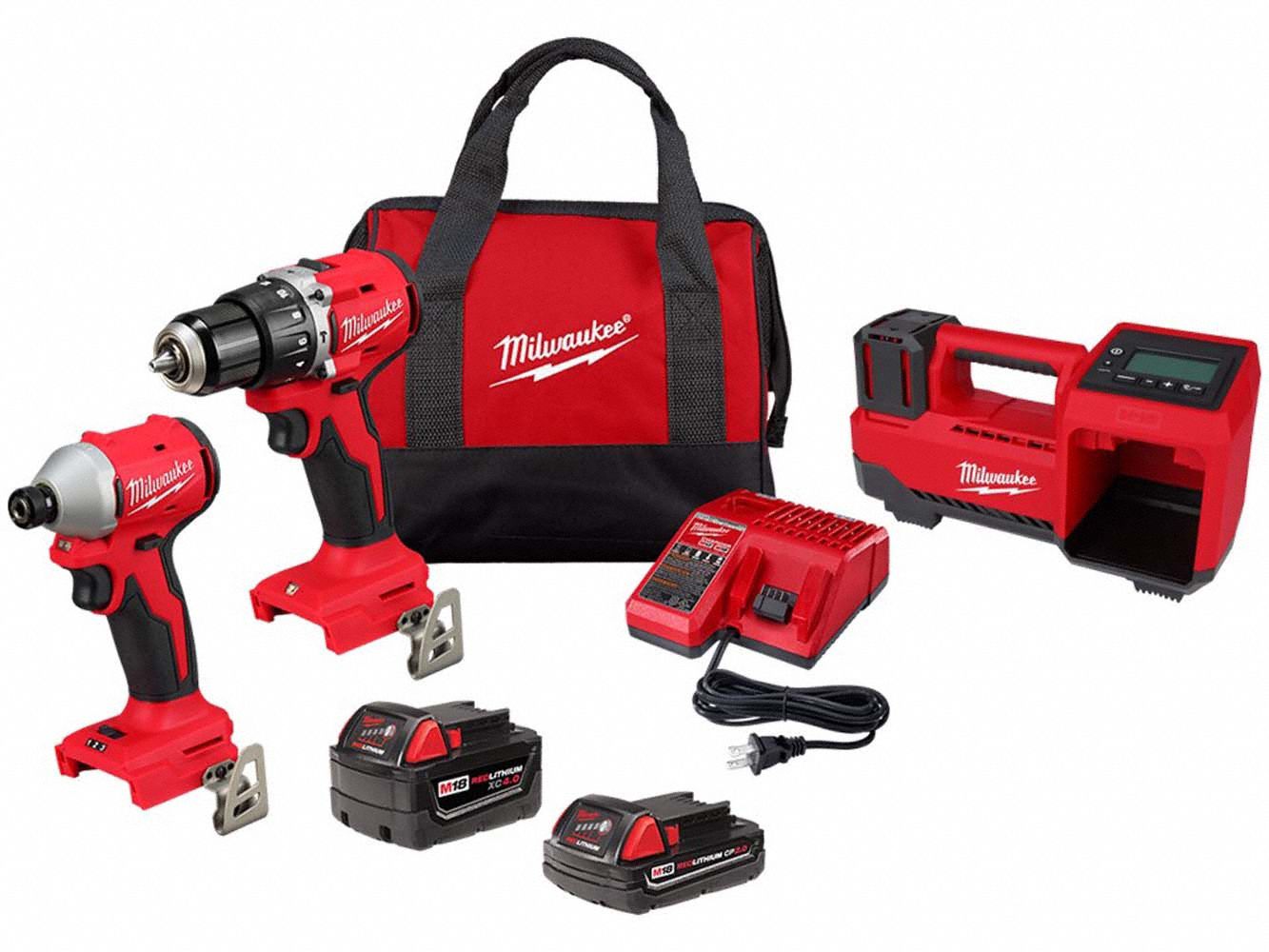 MILWAUKEE, 3 Tools, Hammer Drill/Impact Driver/Inflator, Cordless ...