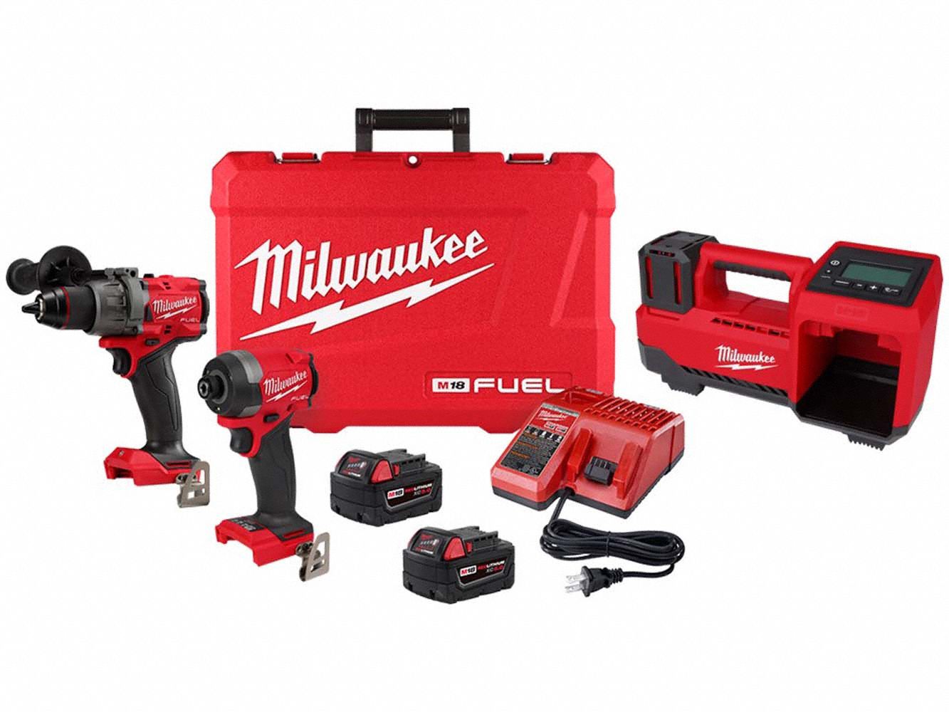MILWAUKEE, 3 Tools, Hammer Drill/Impact Driver/Inflator, Cordless ...