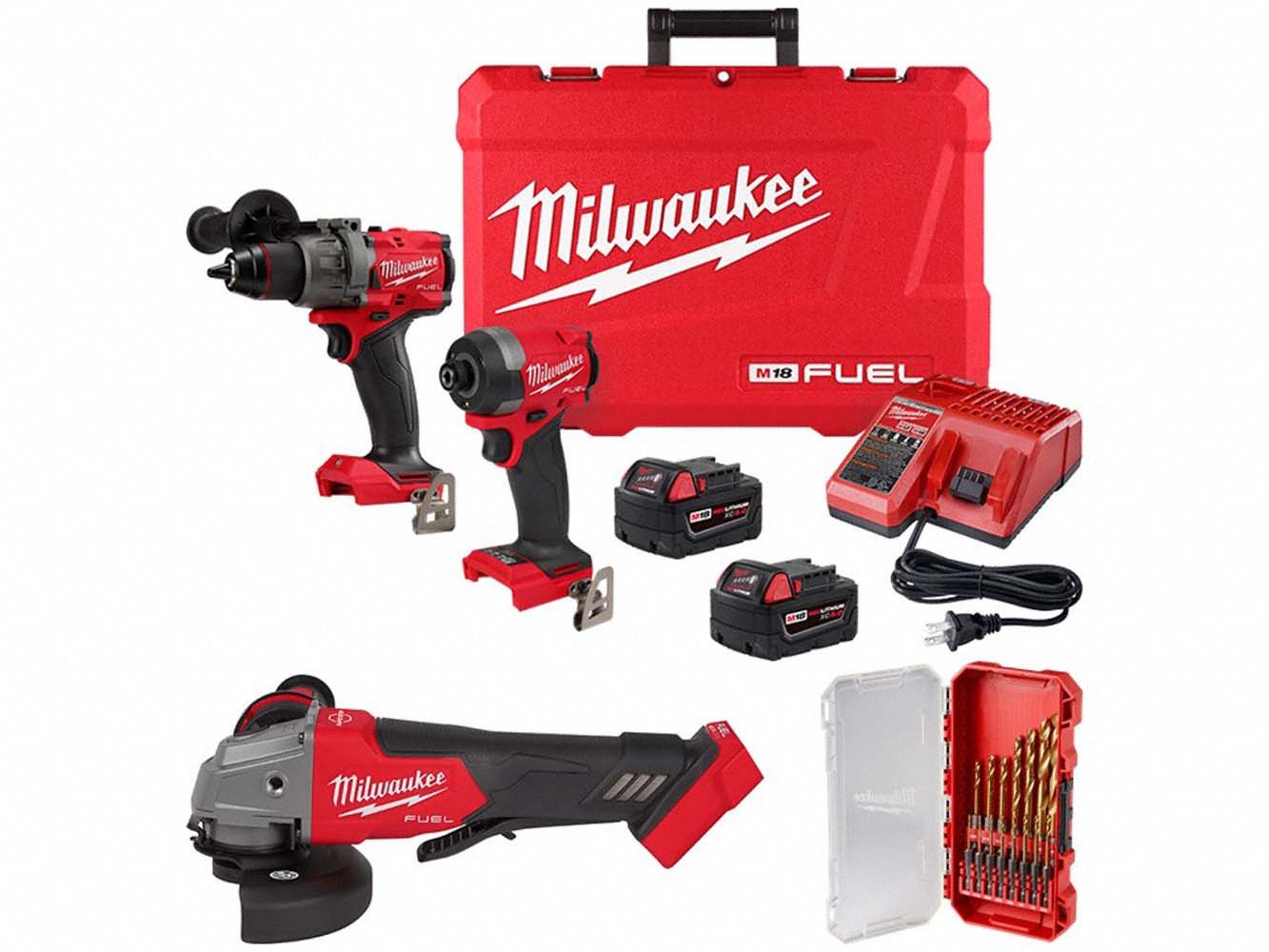 MILWAUKEE, 3 Tools, Angle Grinder/Hammer Drill/Impact Driver, Cordless ...