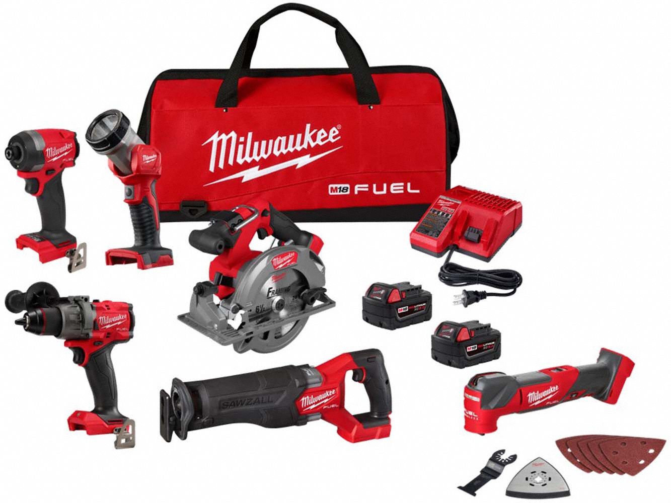 MILWAUKEE, 6 Tools, 18 V DC Volt, Tool Combination Kit - 1GC308|3697-25 ...