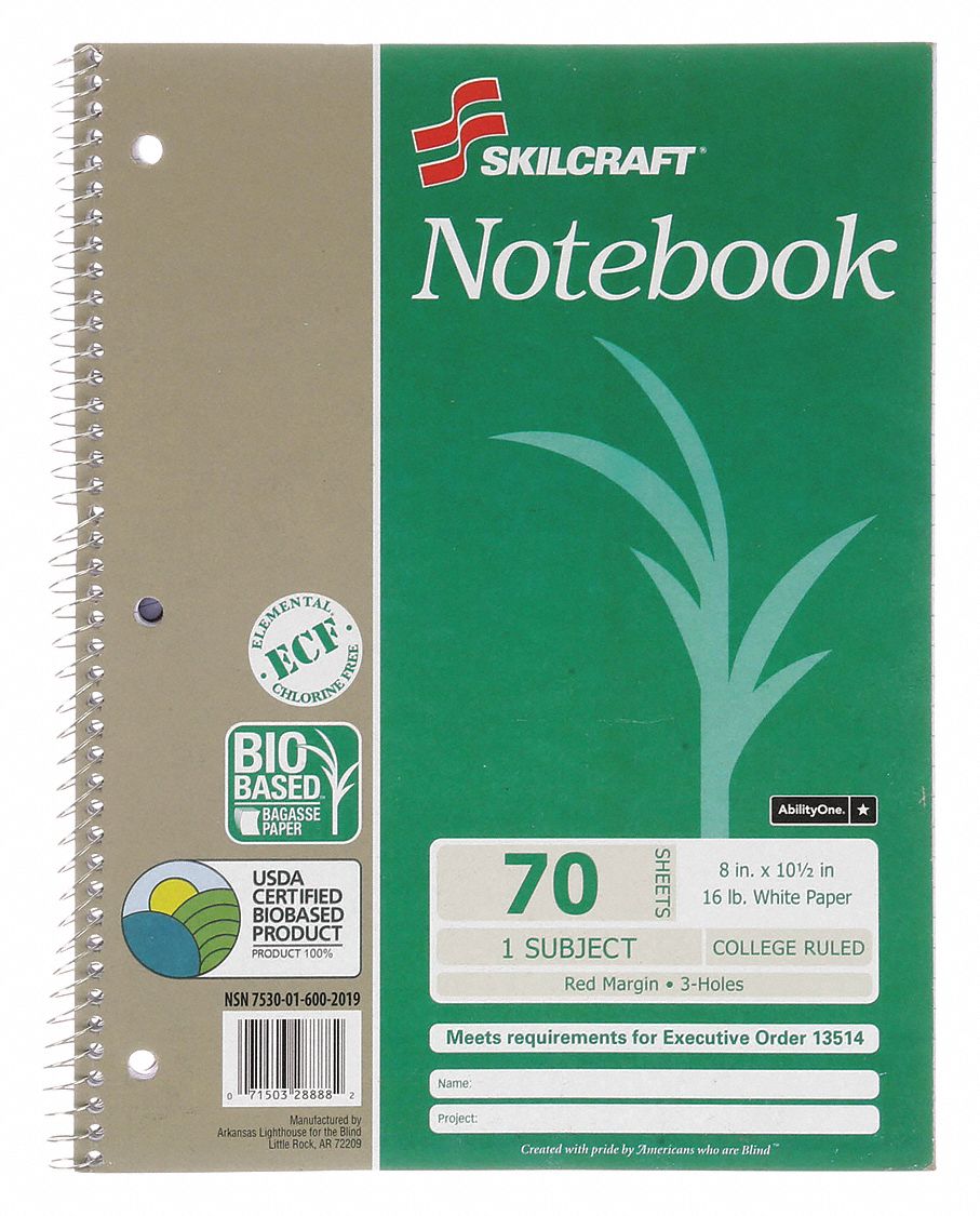 ABILITY ONE, 8 in x 10-1/2 in Sheet Size, College, Notebook - 36CG08 ...