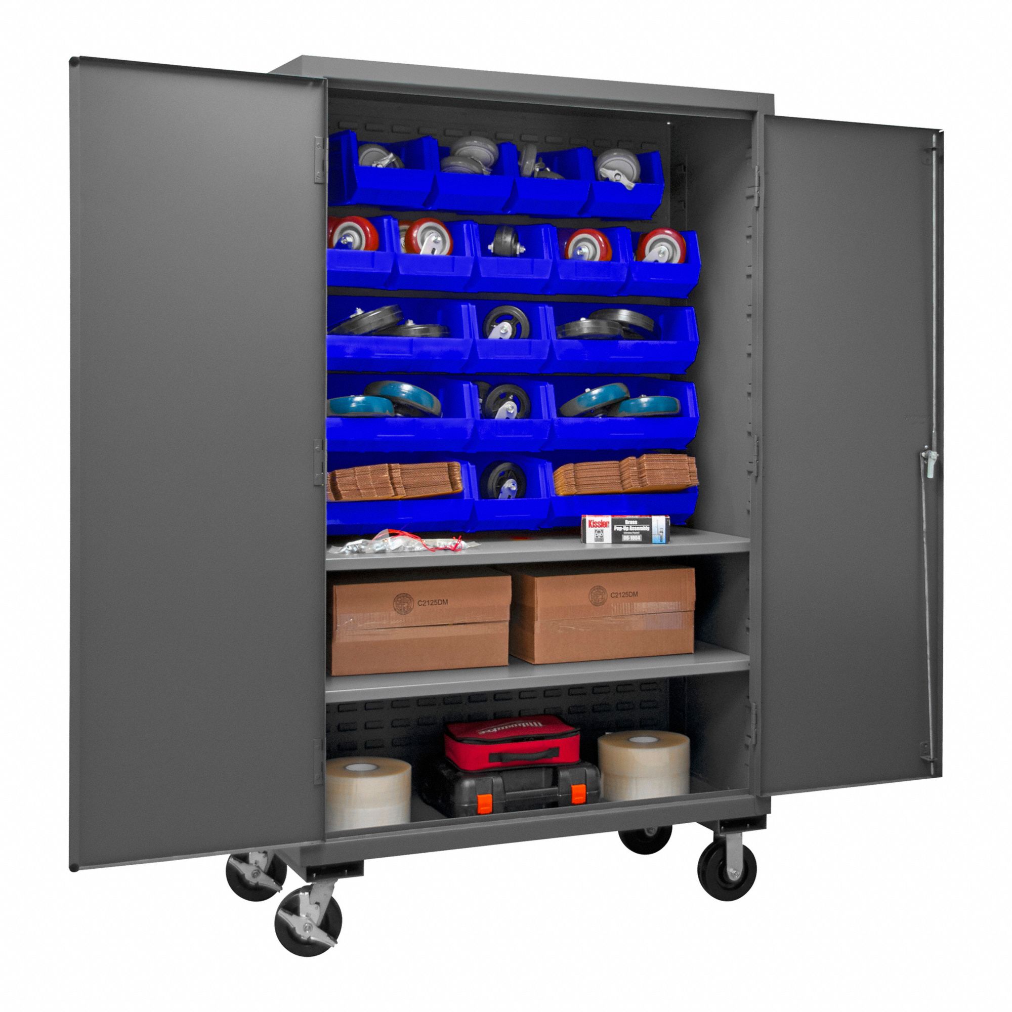 DURHAM MFG Bin Cabinet: 48 in x 24 in x 80 in, 2 Shelves, 18 Bins, Blue ...