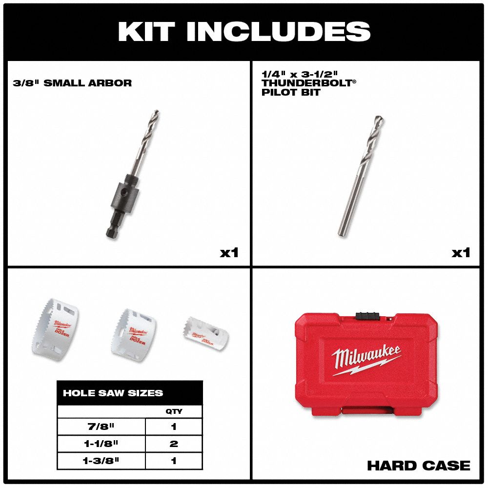 MILWAUKEE Hole Saw Kit: 9 Pieces, 7/8 in to 1 3/8 in Saw Size Range, 1 5/8 in Max. Cutting Dp ...
