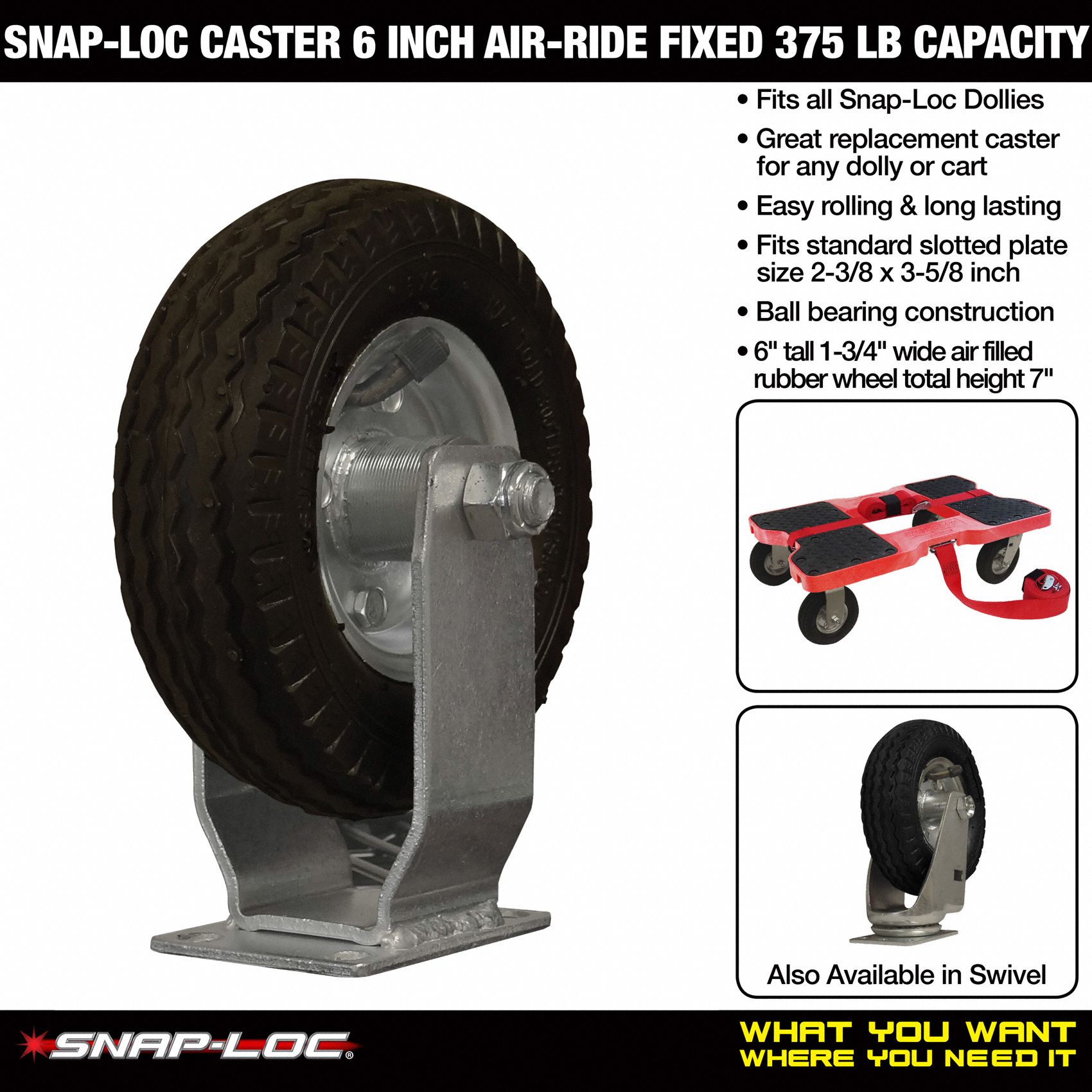SNAP-LOC Caster All-Terrain, Solid Rubber, 6", Fixed - 36NG65|SLAC6AF ...