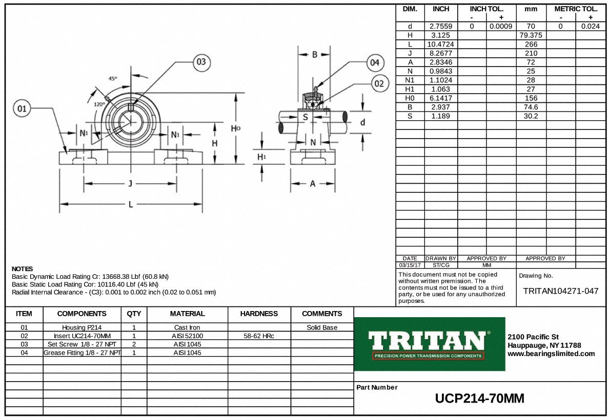 TRITAN Pillow Block Bearing: 70 mm Bore Dia., Set Screw, Cast Iron ...