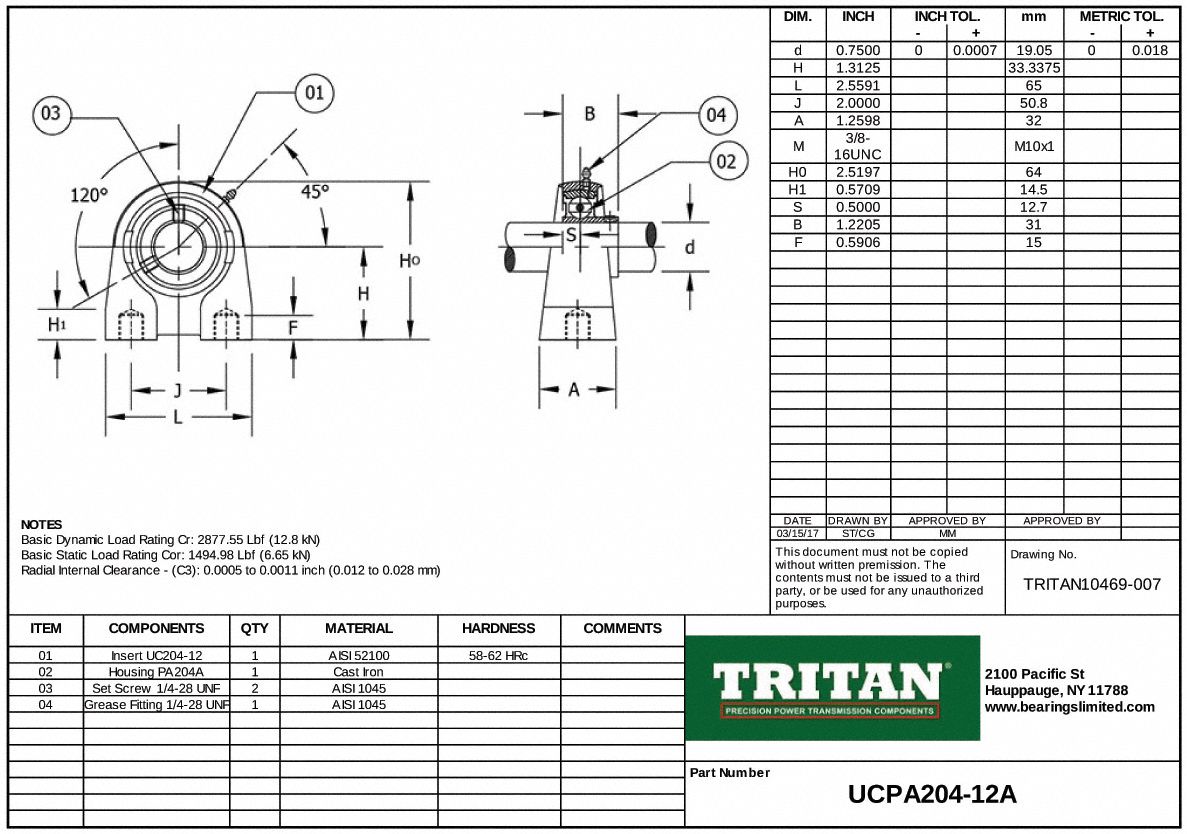 TRITAN Pillow Block Bearing: 3/4 in Bore Dia., Set Screw, Cast Iron, 2 mm Bolt Hole Center-to ...
