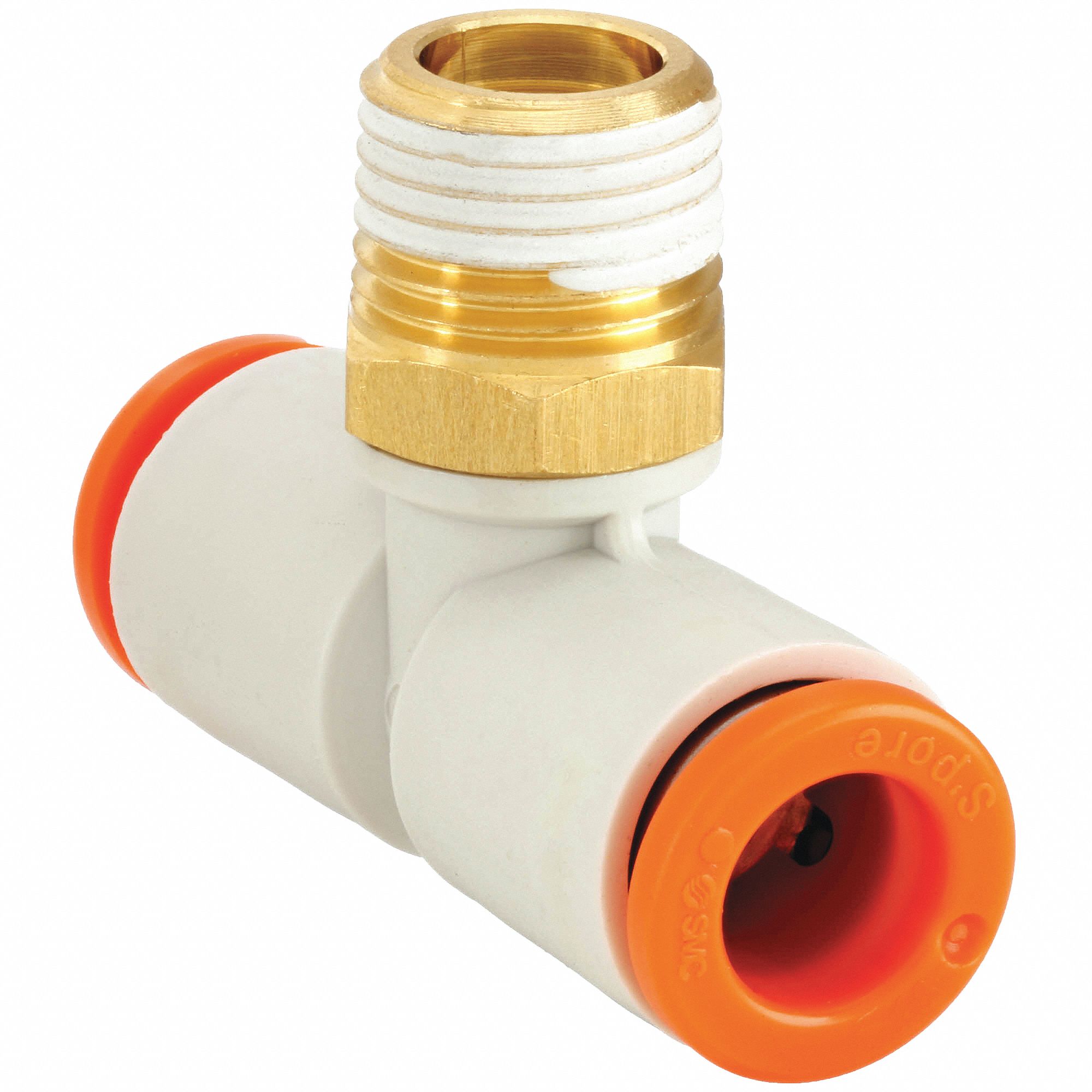 SMC, 1/4 in OD x 1/4 in OD x 1/4 in Pipe x 1/4 in Pipe Size, White, Push-Fit Tee Fitting ...