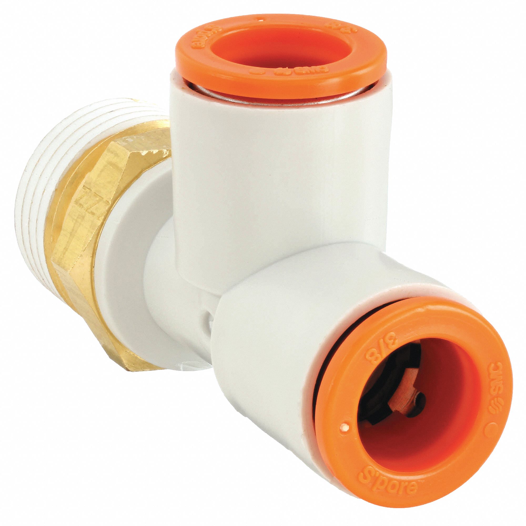 SMC, 3/8 in Pipe x 3/8 in OD x 3/8 in OD Size, MNPT x Push-to-Connect, Push-Fit Tee Fitting ...