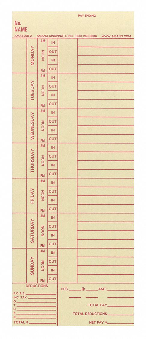 AMANO, 9 in Ht, 3 1/2 in Wd, Time Card - 36X564|AMA5200 - Grainger