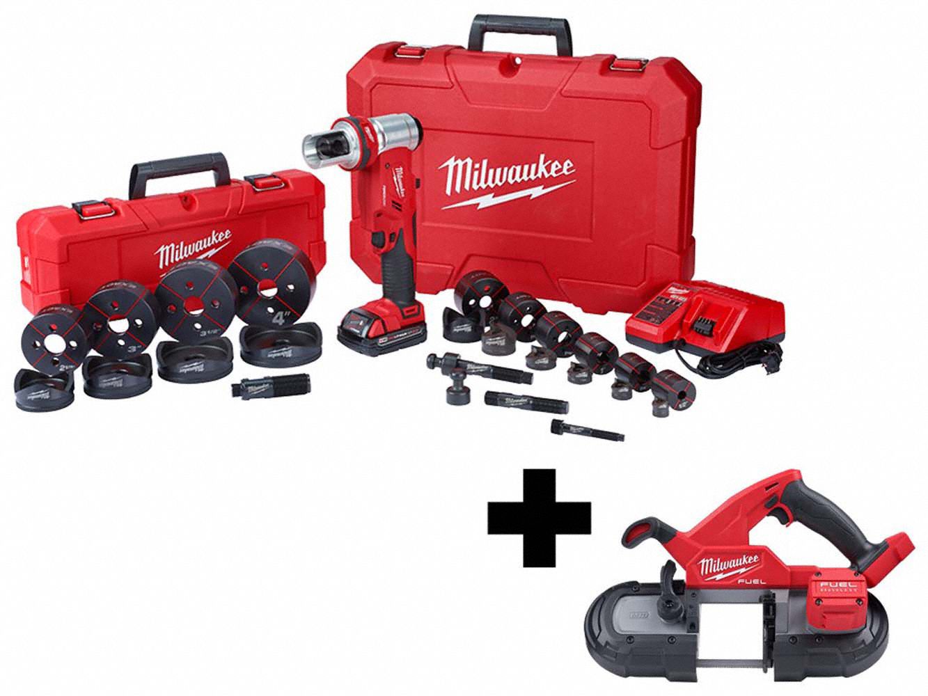 MILWAUKEE, 2 Tools, Portable Band Saw, Cordless Knockout Tool Kit ...
