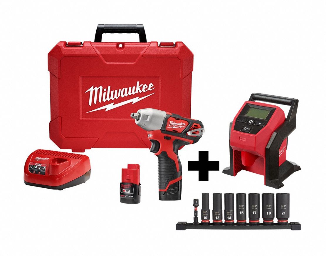 MILWAUKEE M12 3/8 Imp Wrench Kit, 8 Pcs - 380FL8|2463-22 2475-20 49-66 ...
