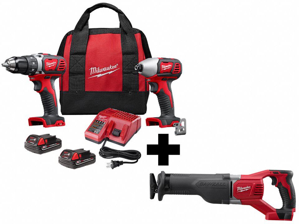 MILWAUKEE, 3 Tools, Drill/Impact Driver/Reciprocating Saw, Cordless ...