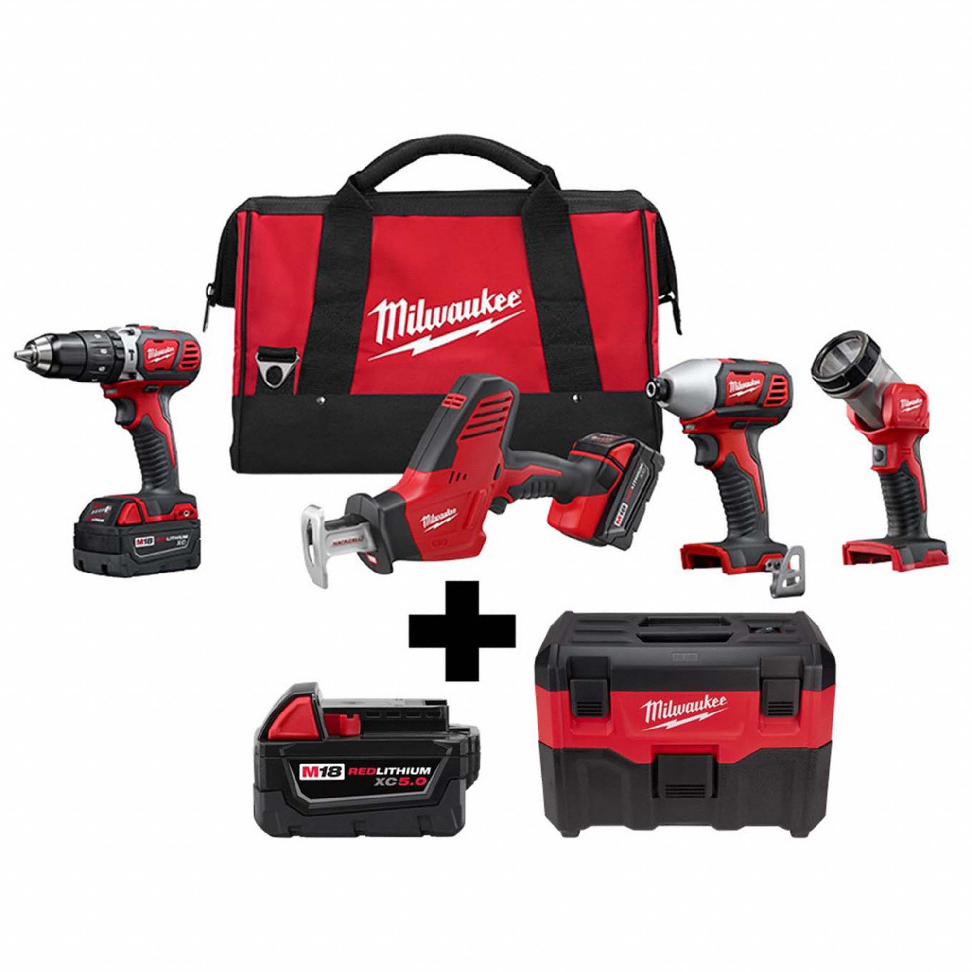 MILWAUKEE, 5 Tools, Hammer Drill/Impact Driver/Reciprocating Saw, Tool ...