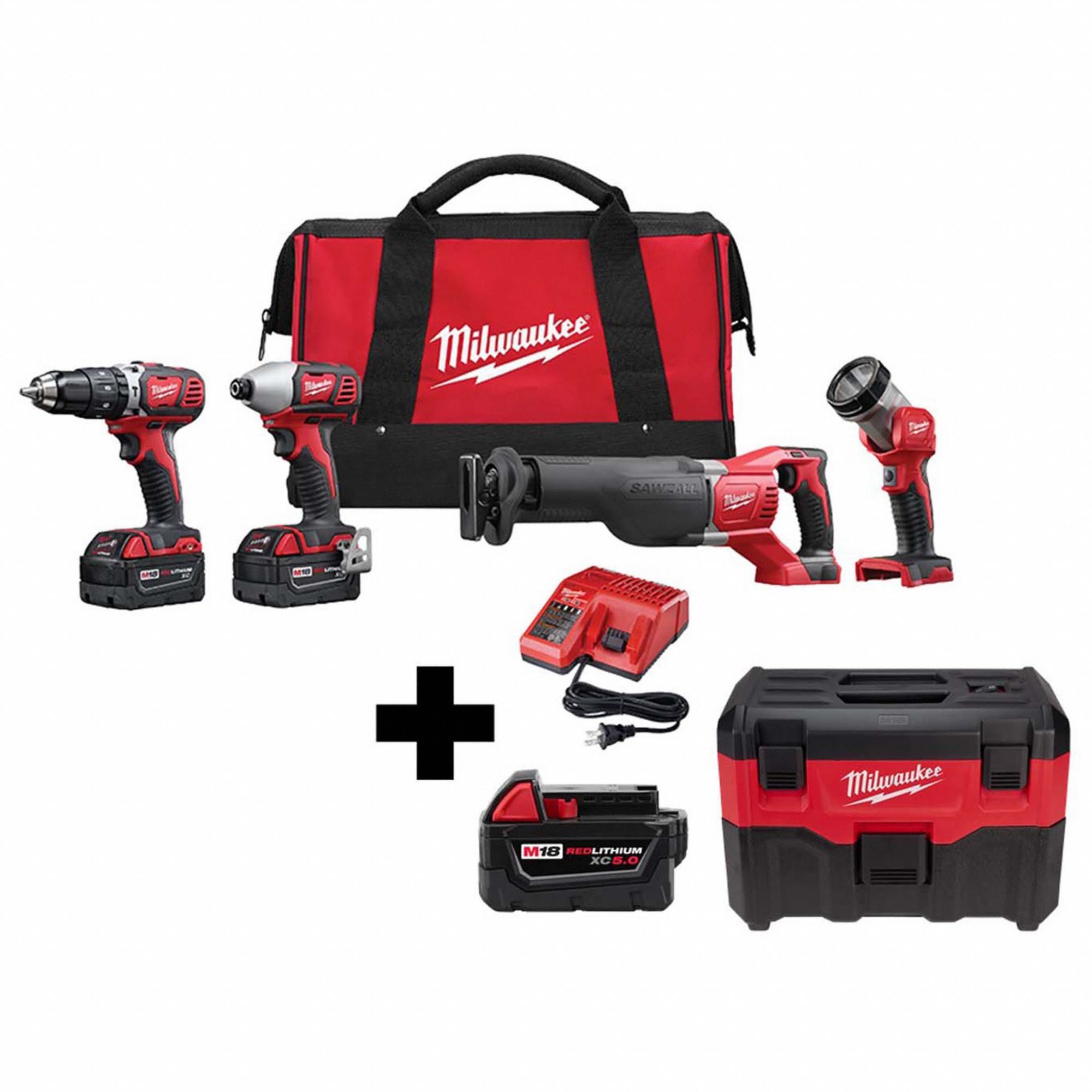 MILWAUKEE, 5 Tools, Hammer Drill/Impact Driver/Reciprocating Saw, Tool ...