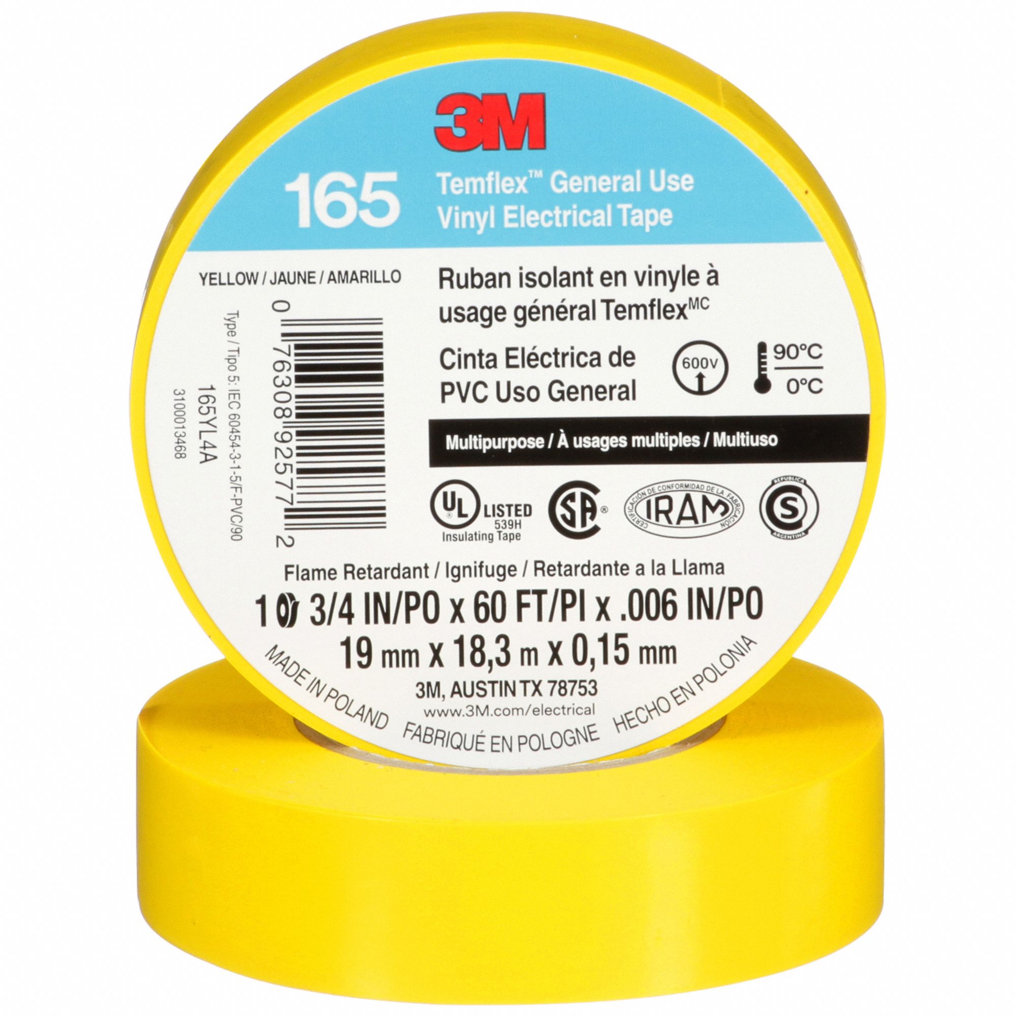 3M Cinta Aislante Eléctrica 165 Amarilla Vinilo 18.3m x 19.05mm ...