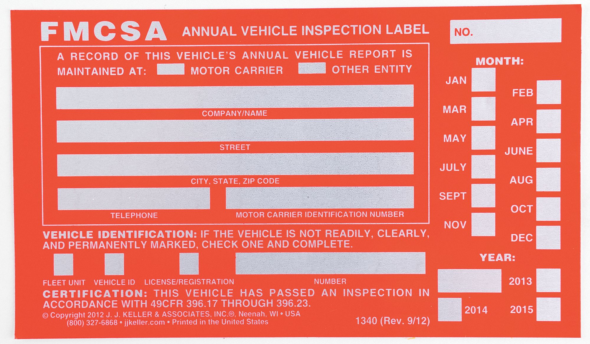 JJ KELLER Vehicle Inspection Decal, 3 1/2 x 6 In. - 38D307|1340 - Grainger
