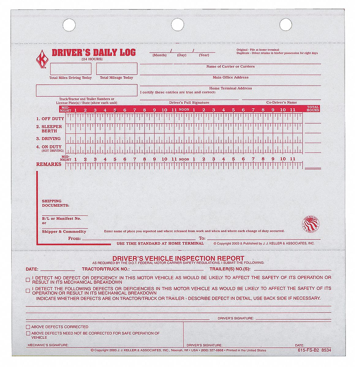 Carbonless Driver Log Sheet, Number of Plies 2 - Grainger