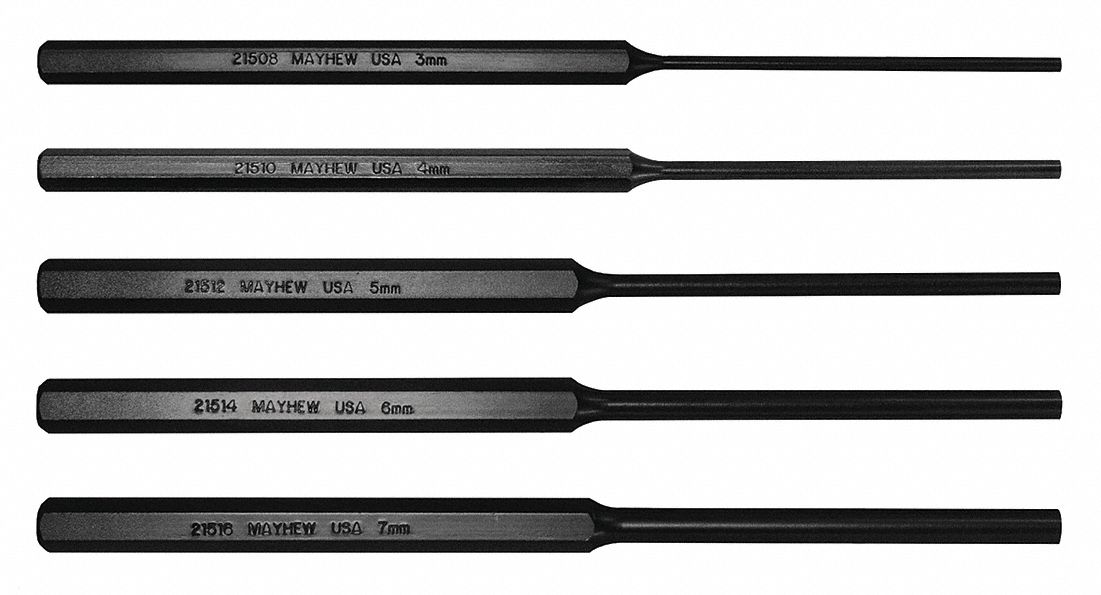 MAYHEW Pin Punch Set: 3 mm_4 mm_5 mm_6 mm_7 mm Tip Size, 3 in_3 1/2 in ...