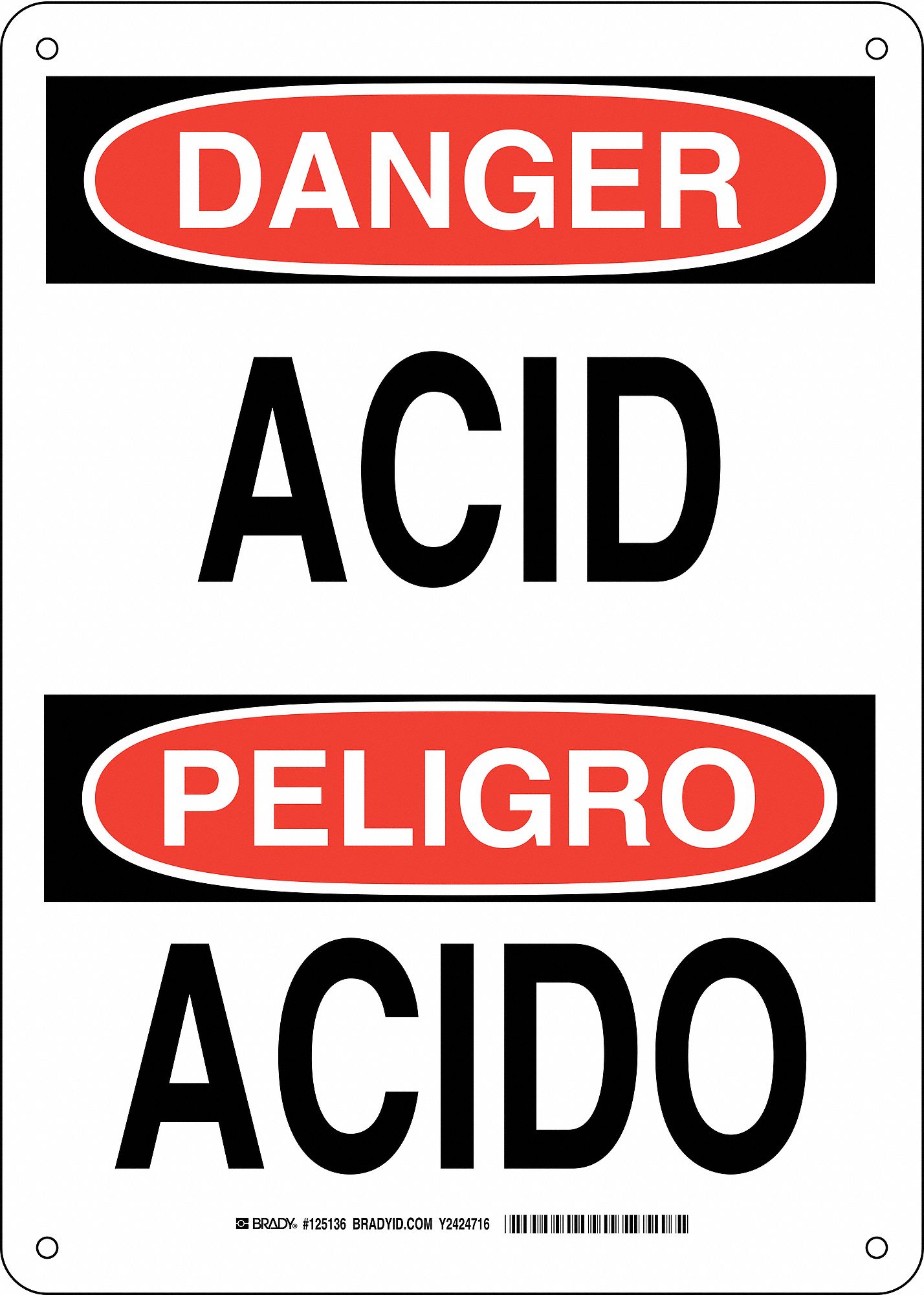 Danger Sign, Acid/Acido, Header Danger/Peligro, Rectangle, 14 in Height ...