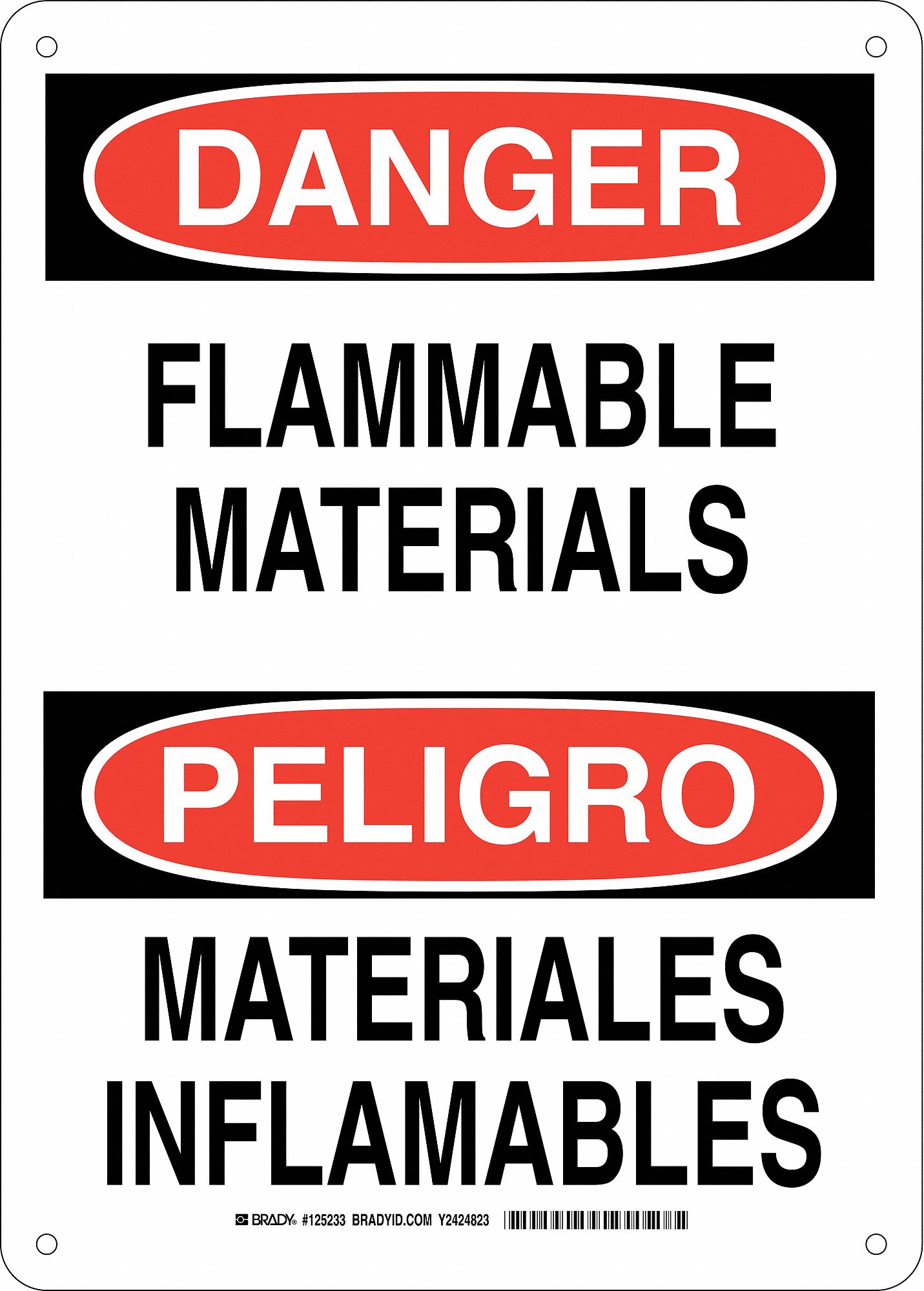 BRADY Danger Sign, Flammable Materials/Materiales Inflamables, Header ...