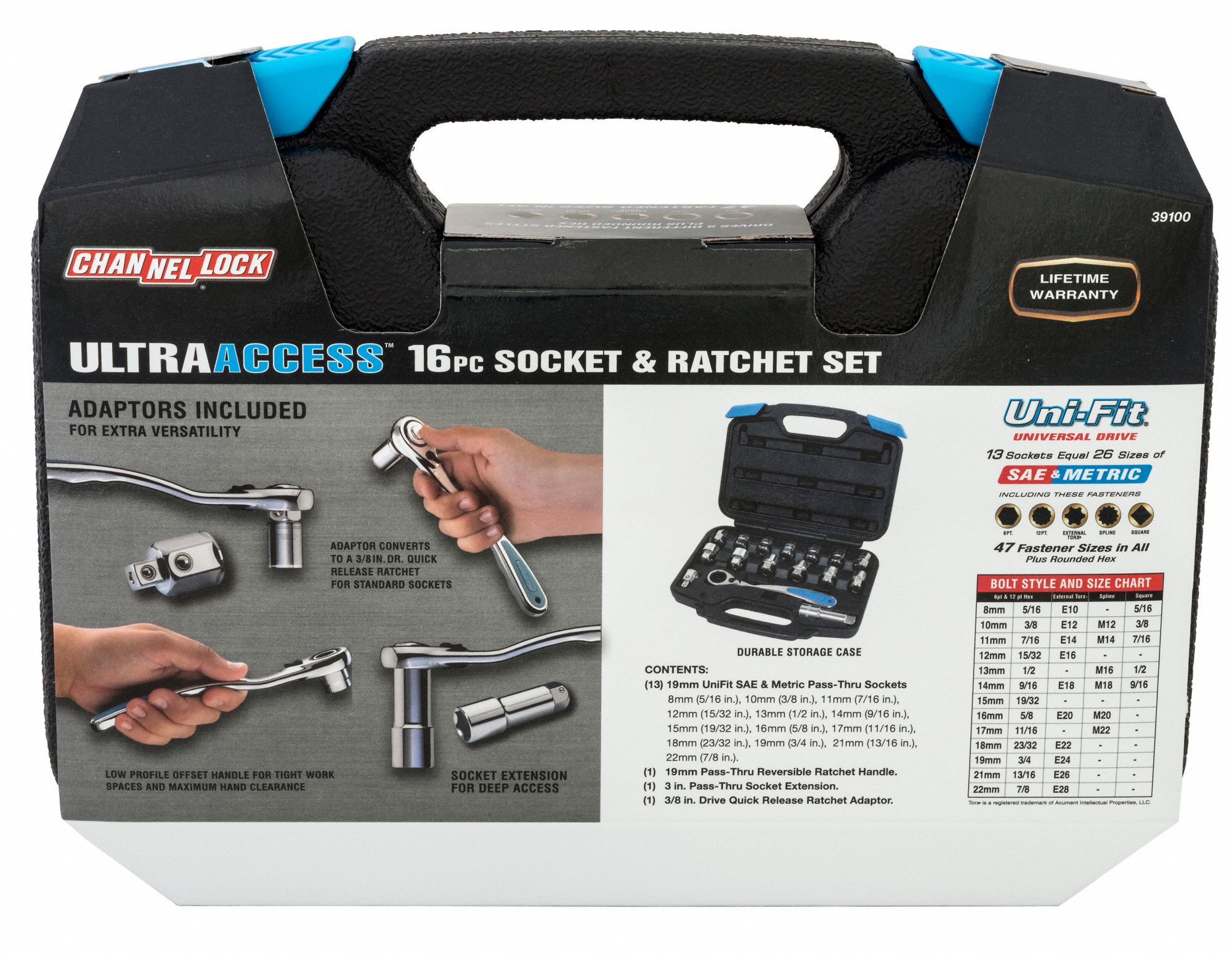 CHANNELLOCK Socket Wrench Set: 3/8 in Drive Size, 16 Pieces, (13) 12 ...