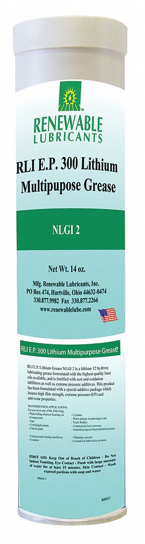 RENEWABLE LUBRICANTS, 14 oz, Cartridge, Extreme Pressure Grease ...