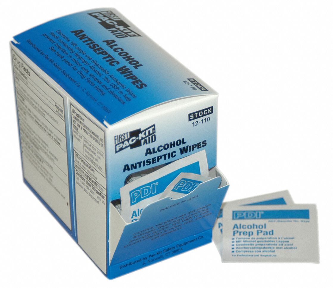 Alcohol Pads, Wipes, Box, Wrapped Packets, 1 x 2-1/2", PK 100 - Grainger