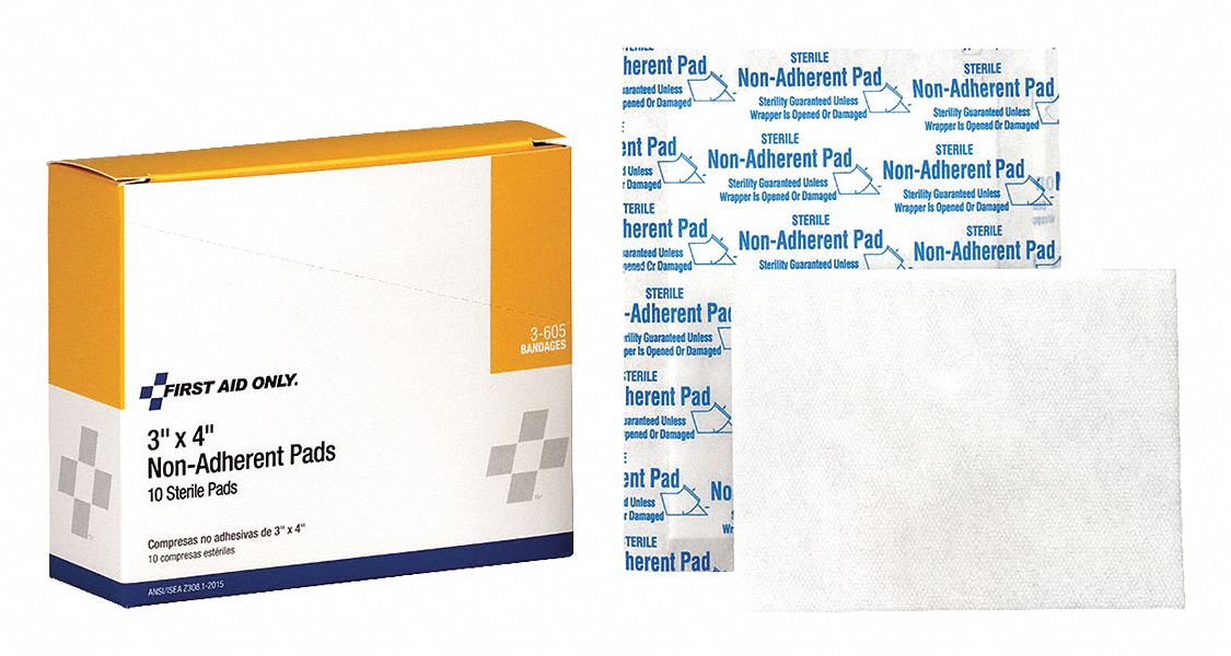 FIRST AID ONLY, 4 in Dressing Lg, 3 in Dressing Wd, Non-Adherent Pad ...
