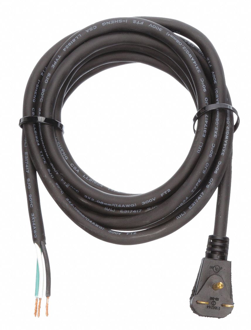 Power Cord, 14 AWG, Number of Conductors 3, Rubber, Black, 15.0, 12 ft ...