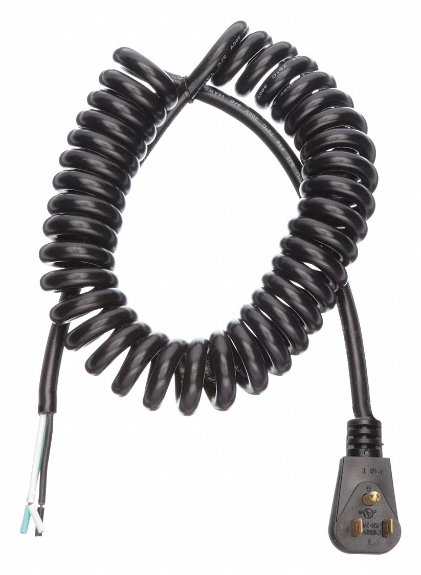 Coiled Power Cord, 16 AWG, Number of Conductors 3, PVC, Black, 13.0, 10 ...