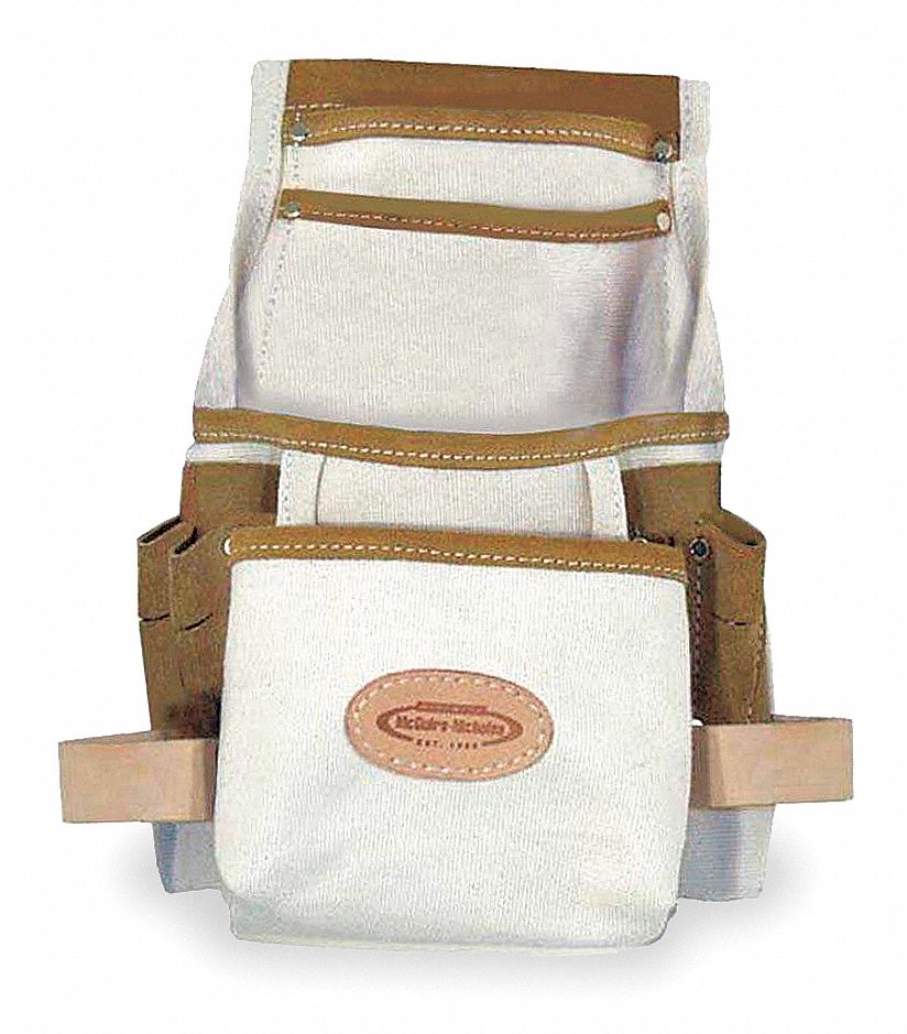 White w/Brown Trim, Nail And Tool Pouch, Canvas - Grainger