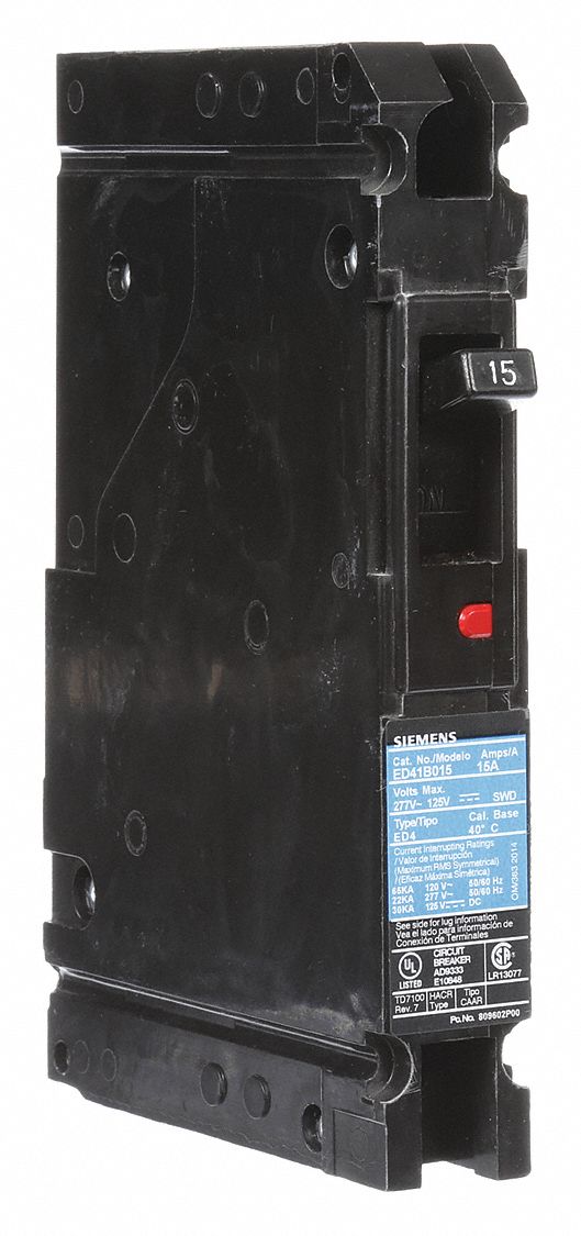 SIEMENS, 15 A Amps, 22kA at 277V AC, Molded Case Circuit Breaker - 3CMG4|ED41B015 - Grainger