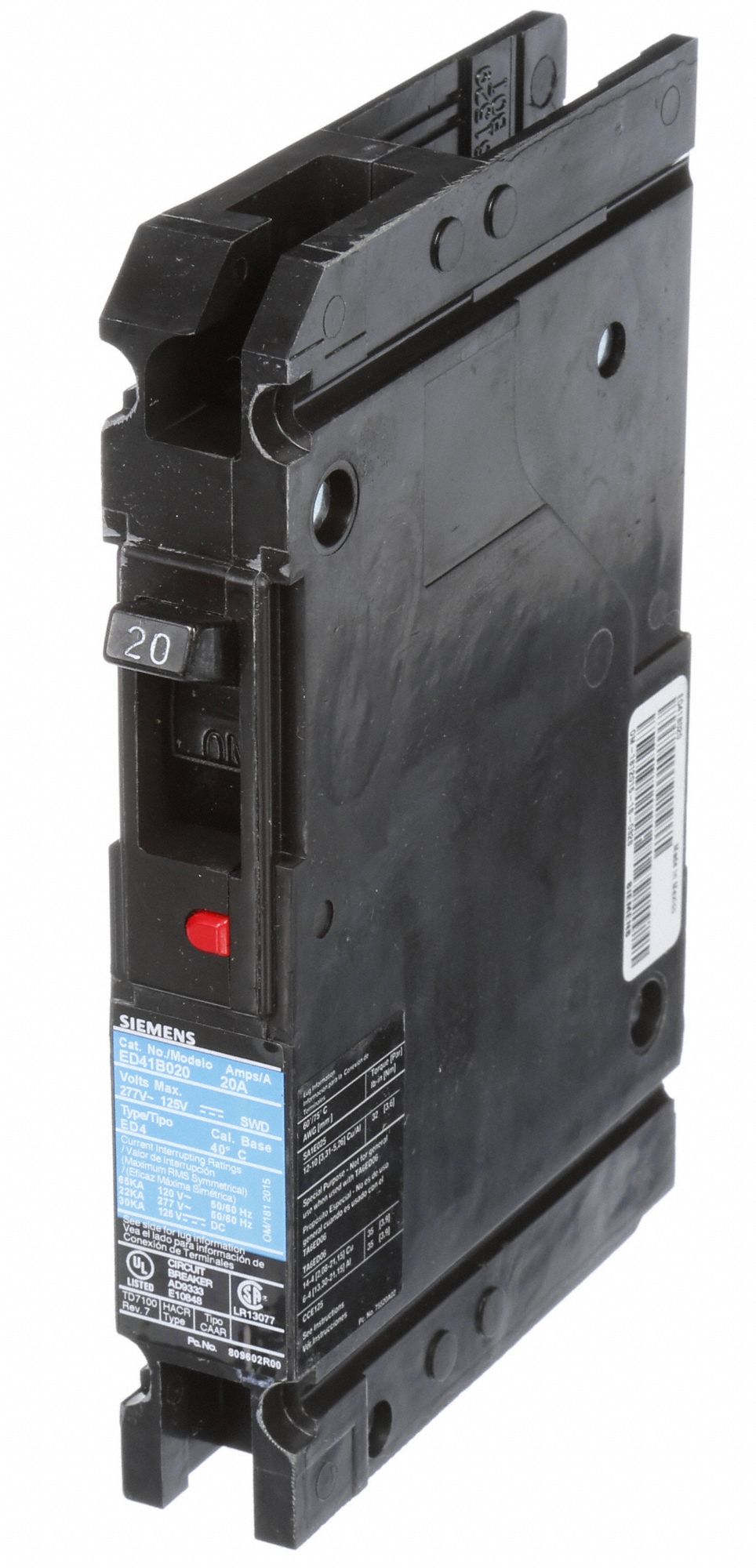 SIEMENS Molded Case Circuit Breaker: 20 A Amps, 22kA at 277V AC, Fixed, Load Side Lug, Any ...