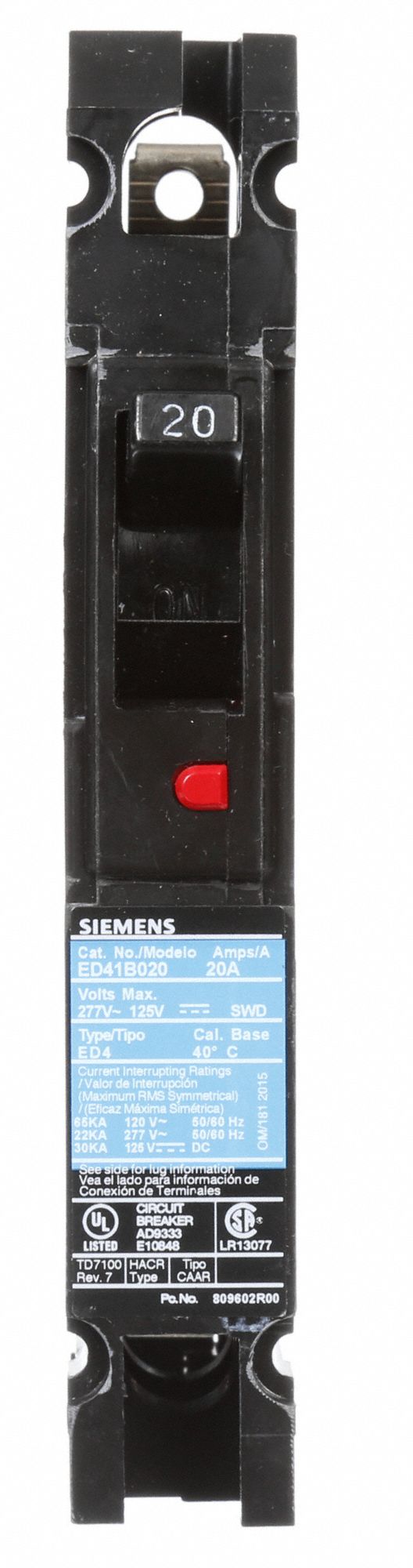 SIEMENS Molded Case Circuit Breaker: 20 A Amps, 22kA at 277V AC, Fixed, Load Side Lug, Any ...