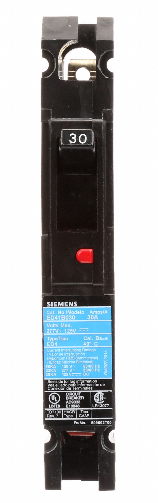 SIEMENS Molded Case Circuit Breaker: 30 A Amps, 22kA at 277V AC, Fixed, Load Side Lug, Any ...