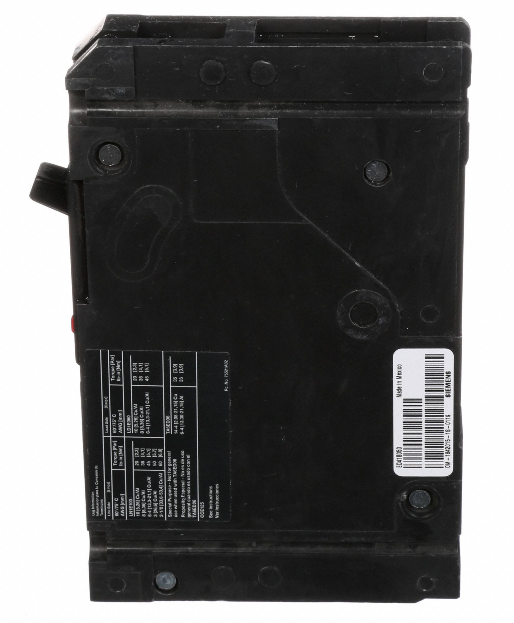 SIEMENS Molded Case Circuit Breaker: 50 A Amps, 22kA at 277V AC, Fixed, Load Side Lug, Any ...